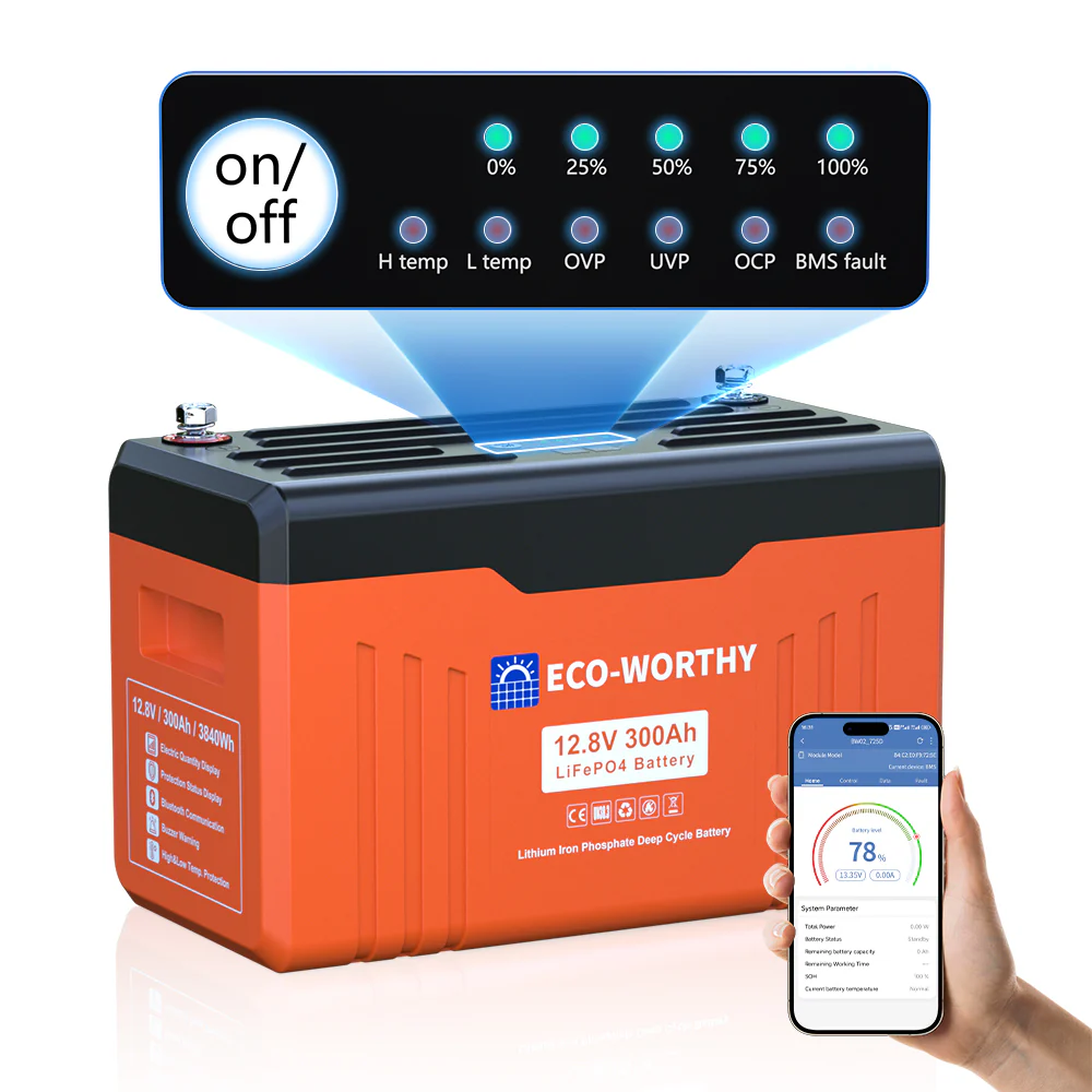 ECO-WORTHY 12V 300AH Lifepo4 Lithium Battery Bluetooth with SOC LEDs ...
