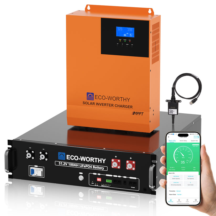 ECO-WORTHY 48V 100Ah LiFePO4 Battery + 5000W Hybrid Inverter | 5.12KWh/10.24KWh Backup Kit