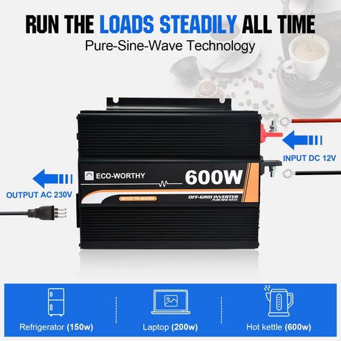 600W Off Grid Pure Sine Wave Inverter - 12V to 220V